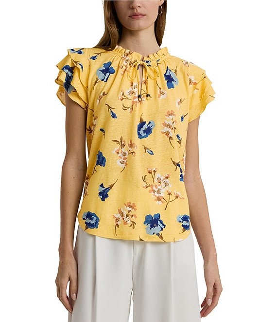 Lauren Ralph Lauren Floral Linen Blend Jersey Ruffle Trim Tie Neck