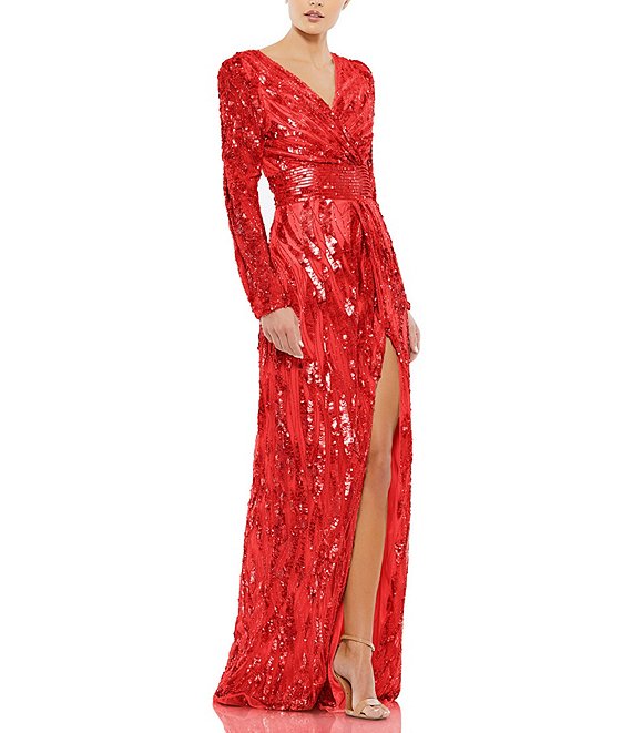 Mac Duggal Sequin Embellished Open Back Detail Long Sleeve Surplice V
