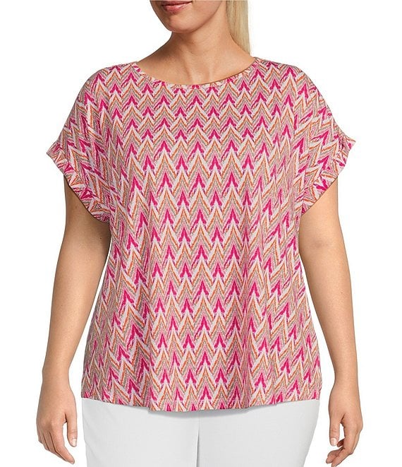 Multiples Plus Size Knit Ikat Print Round Neck Short Cuffed Sleeve Top ...