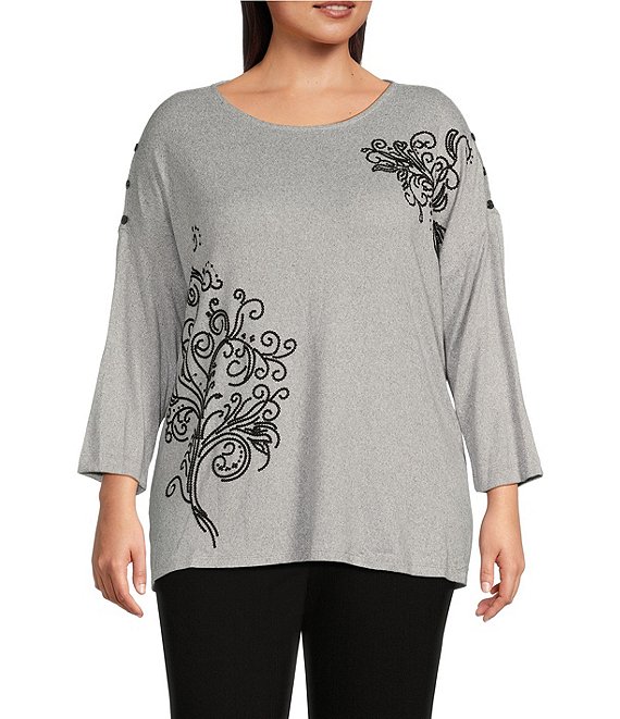 Multiples Plus Size Solid Sequin Embellished Detail Crew Neck 3/4 ...