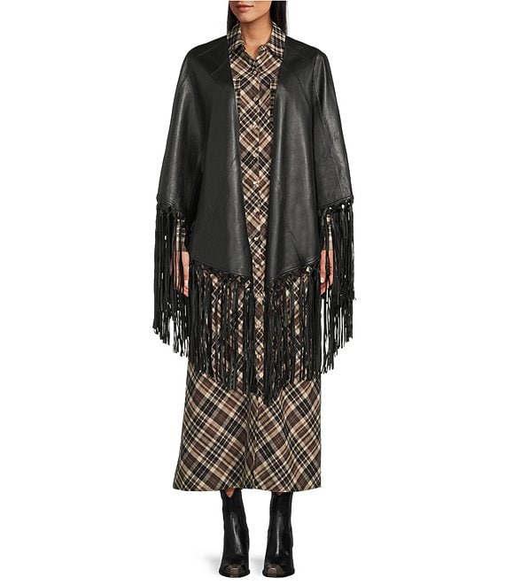 Reba Leather Open Front Fringe Detail Cape | Dillard's