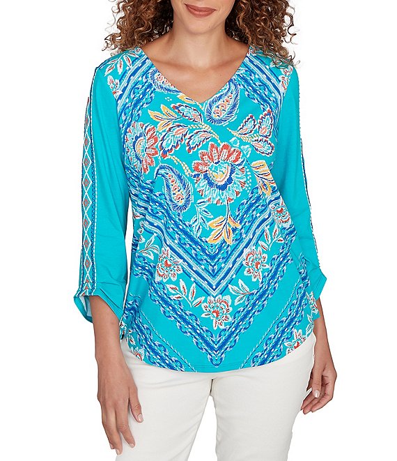 Ruby Rd. Embroidered Cotton-Blend Printed V-Neck 3/4 Sleeve Top | Dillard's