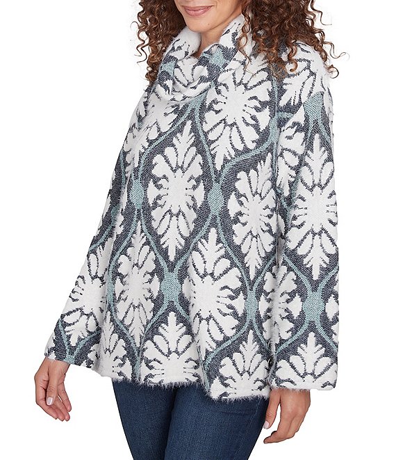 Ruby Rd. Jacquard Knit Jewel Tile Cowl Neck Long Sleeve Side Slits ...