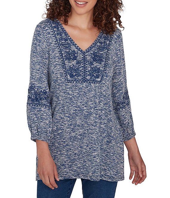 Ruby Rd. Knit Embroidered V-Neck 3/4 Sleeve Side Slit Luxe Top | Dillard's