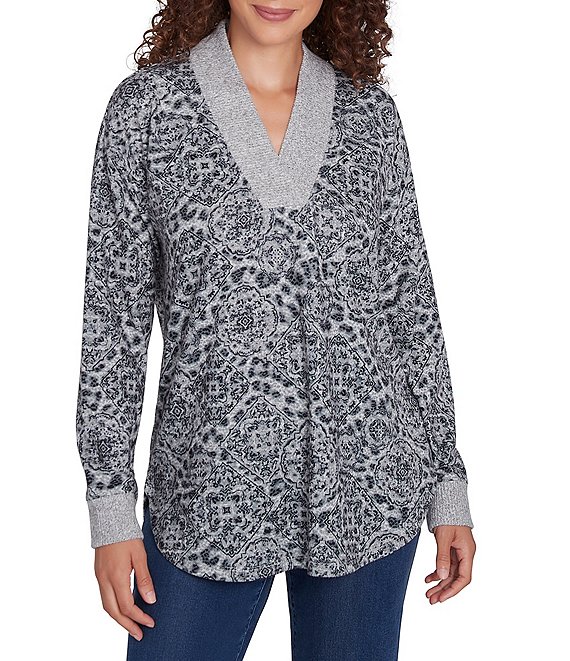 Ruby Rd. Knit Leopard Contrast Trim V-Neck Long Sleeve Top | Dillard's