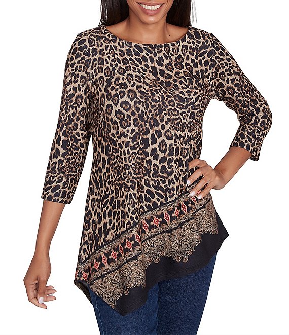 Ruby Rd. Knit Leopard Paisley Border Print Ballet Neck 3/4 Sleeve Top ...