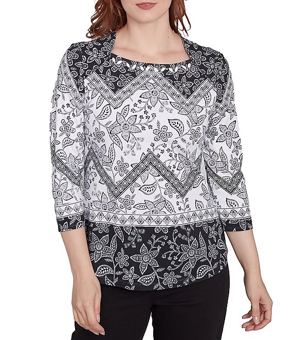 Ruby Rd. Petite Size Cotton Mixed Print Square Neck 3/4 Sleeve Top ...