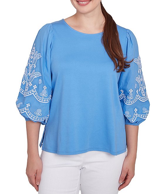 Ruby Rd. Petite Size Crew Neck 3/4 Embroidery Puff Sleeve Side Slit ...