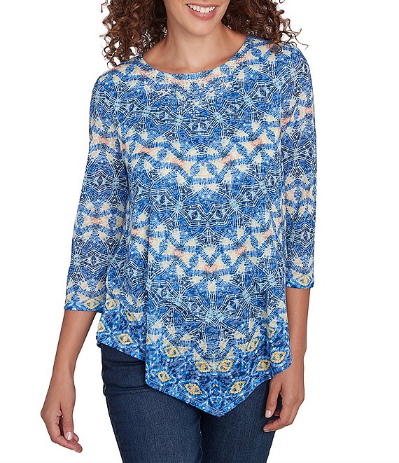 Ruby Rd. Petite Size Knit Embellished Crew Neck 3/4 Sleeve Asymmetrical ...