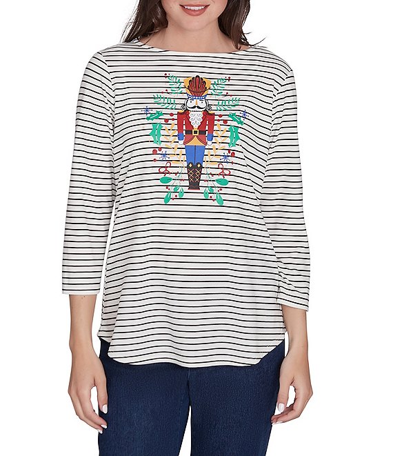 Ruby Rd. Petite Size Knit Nutcracker Stripe Boat Neck 3/4 Sleeve Top ...