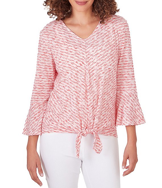 Ruby Rd. Petite Size Knit Stripe V-Neck 3/4 Ruffle Sleeve Tie Top ...