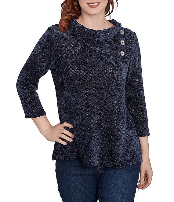 Ruby Rd. Petite Size Sequin Chenille Knit Cowl Asymmetrical Neck 3/4 ...