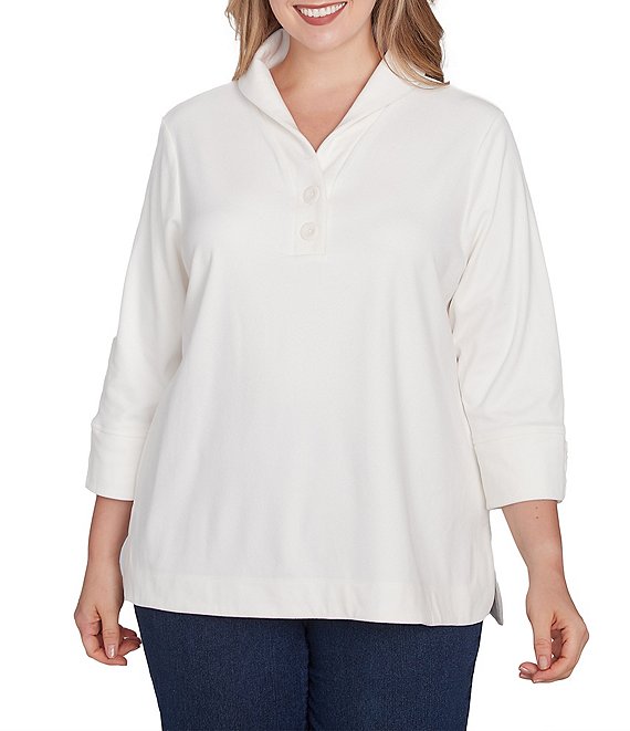 Ruby Rd. Plus Size Collared V-Neck 3/4 Sleeve Luxe Rib Knit Sweater ...
