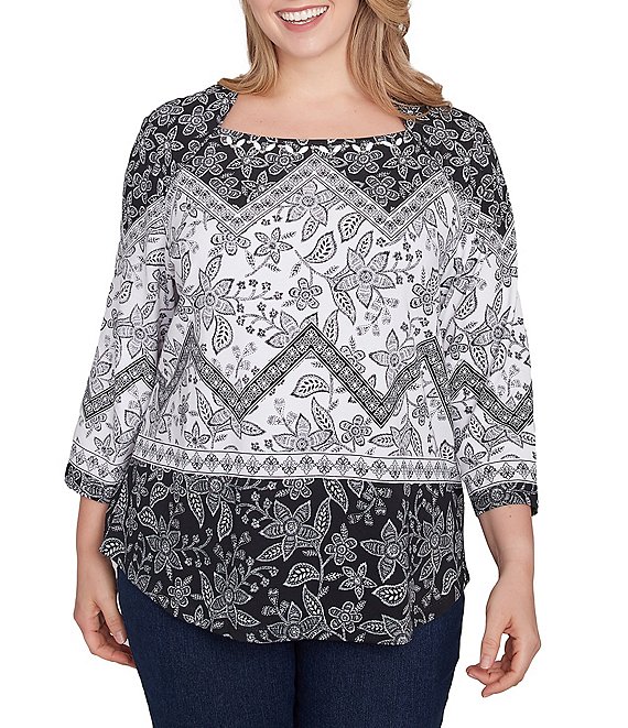 Ruby Rd. Plus Size Cotton Mixed Print Square Neck 3/4 Sleeve Top ...