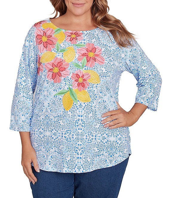 Ruby Rd. Plus Size Embellished Floral Print Boat Neck 3/4 Sleeve Top ...