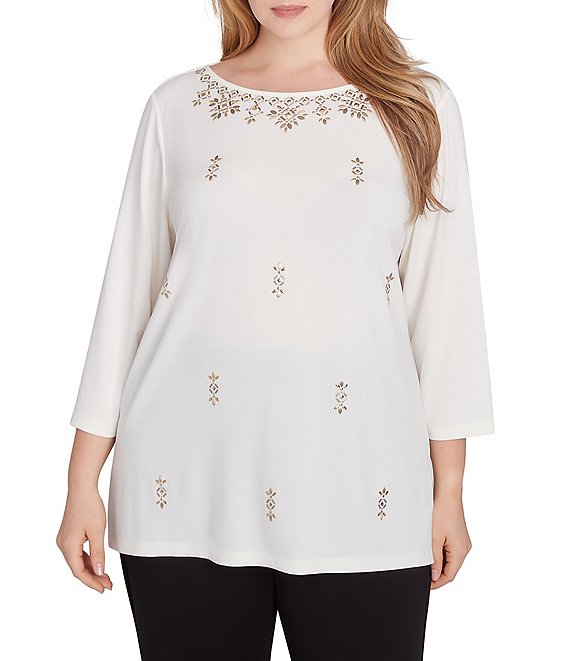 Ruby Rd. Plus Size Knit Embellished Boat Neck 3/4 Sleeve Solid Top ...
