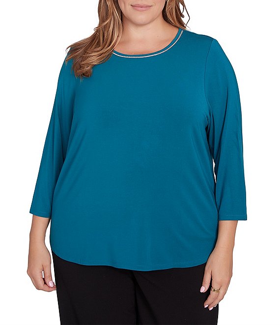 Ruby Rd. Plus Size Knit Embellished Scoop Neck 3/4 Sleeve Stretch Top ...