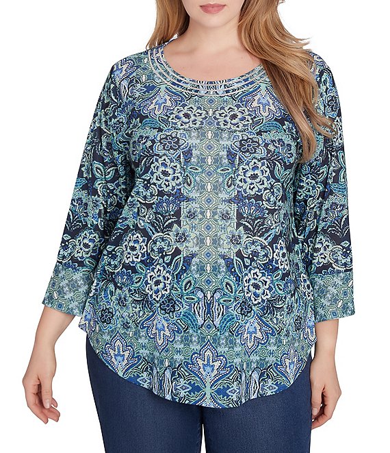 Ruby Rd. Plus Size Knit Floral Embellished Scoop Neck 3/4 Sleeve Top ...