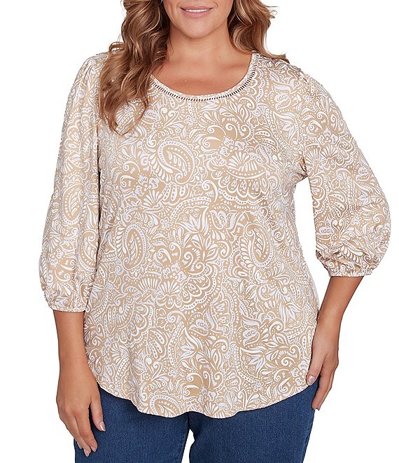 Ruby Rd. Plus Size Knit Mixed Pattern Print Ladder Stitch Scoop Neck 3/ ...