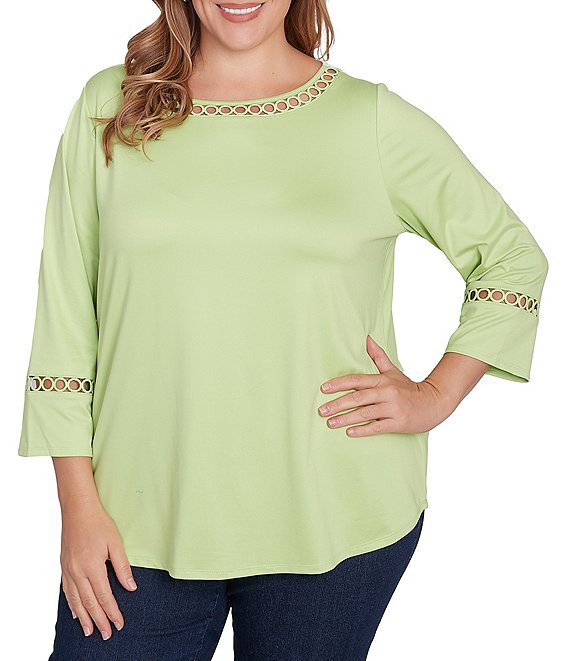 Ruby Rd. Plus Size Knit Open Threaded Trim Scoop Neck 3/4 Sleeve Top ...