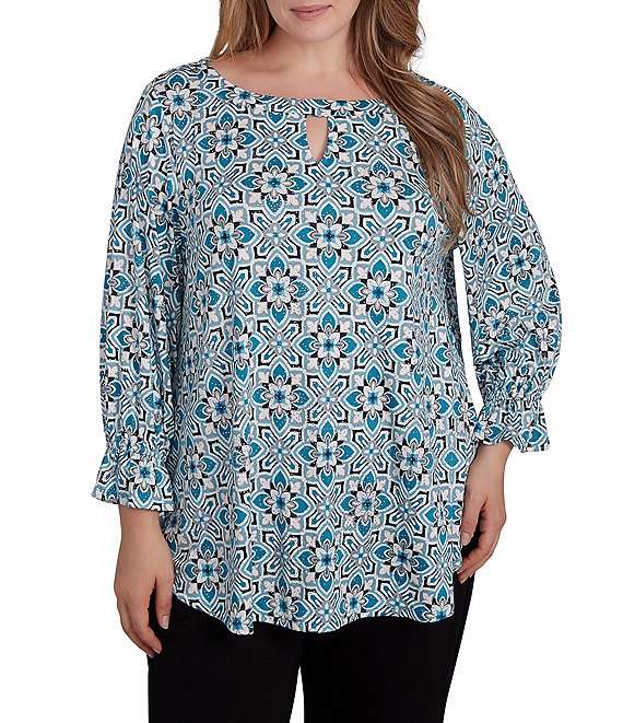 Ruby Rd. Plus Size Knit Tiles Print Keyhole Neck 3/4 Sleeve Top | Dillard's