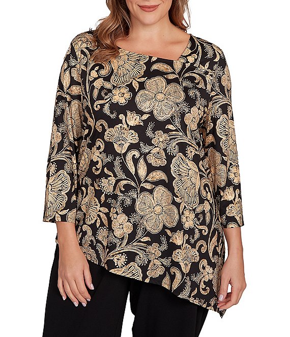 Ruby Rd. Plus Size Metallic Bold Floral Print 3/4 Sleeve Asymmetrical ...