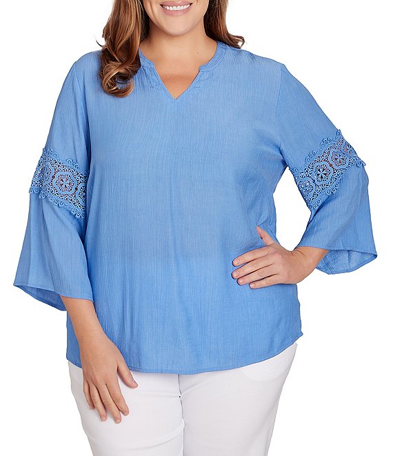 Ruby Rd. Plus Size Solid Split V-Neck Lace Inset 3/4 Bell Sleeve Sleeve ...