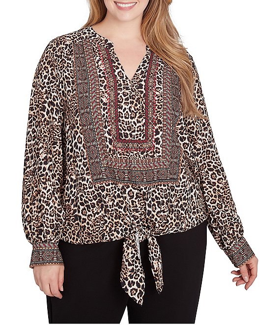 Ruby Rd. Plus Size Woven Beaded Animal Print Split V-Neck Long Blouson ...