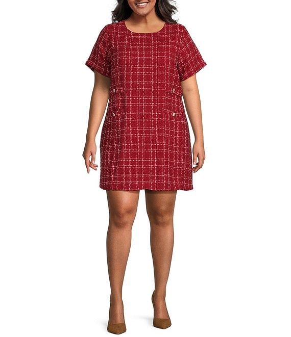 Sugarlips Plus Size Audrey Short Sleeve Plaid Patterned Tweed Shift ...