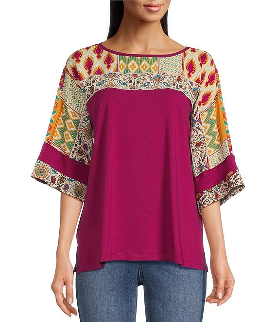 Tru Luxe Jeans Mixed Media Patchwork Print Yoke Top | Dillard's