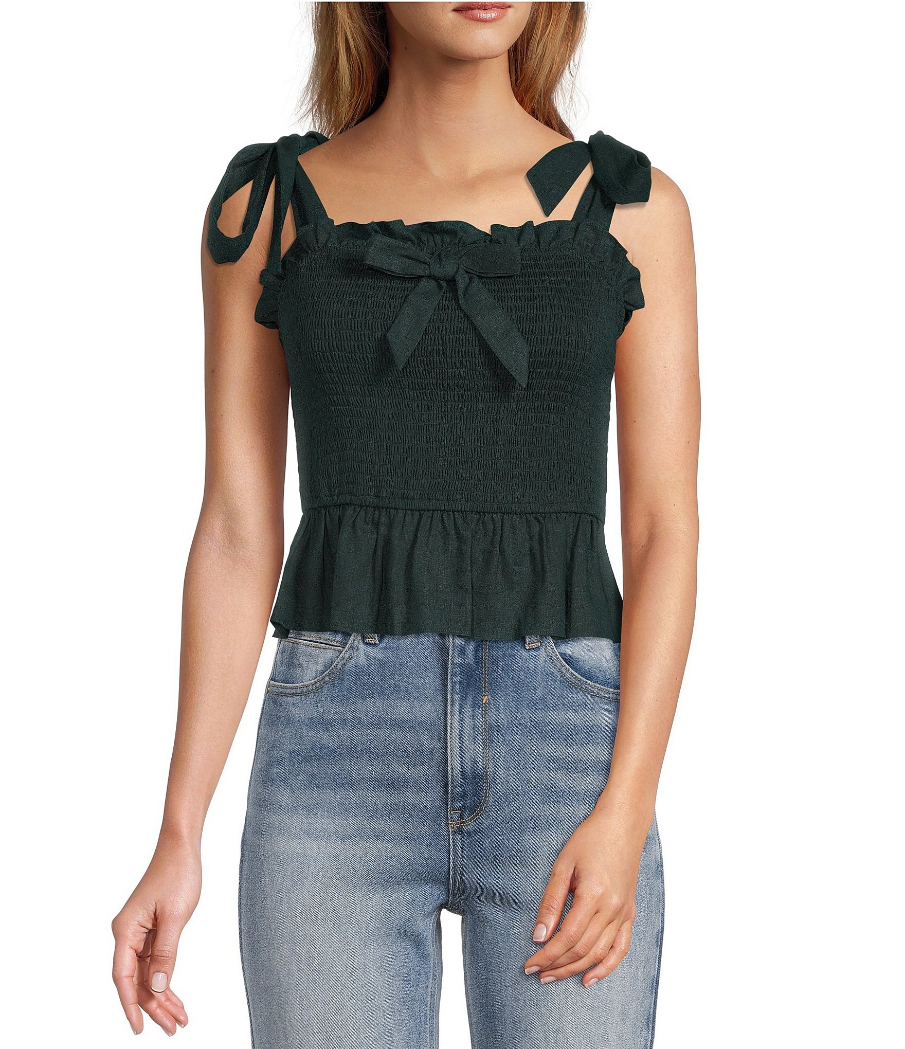 A Loves A Sleeveless Square Neck Tie Strap Bow Front Ruffle Smocked