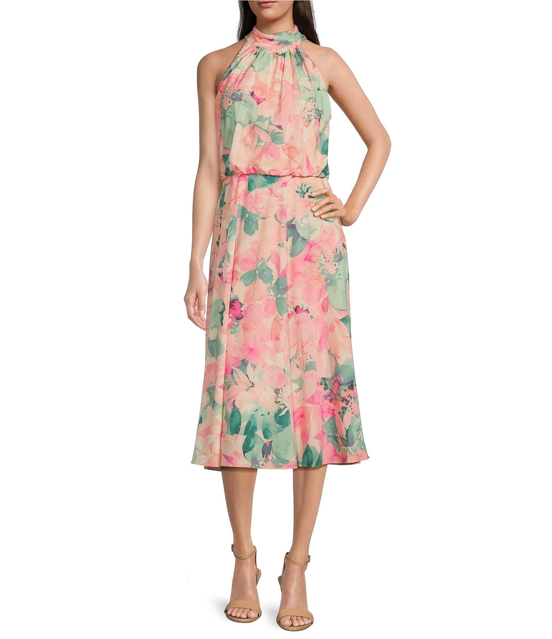 Adrianna Papell Floral Mock Halter Neck Sleeveless Blouson Midi Dress ... Adrianna Papell Floral Mock Halter Neck Sleeveless Blouson Midi Dress ...