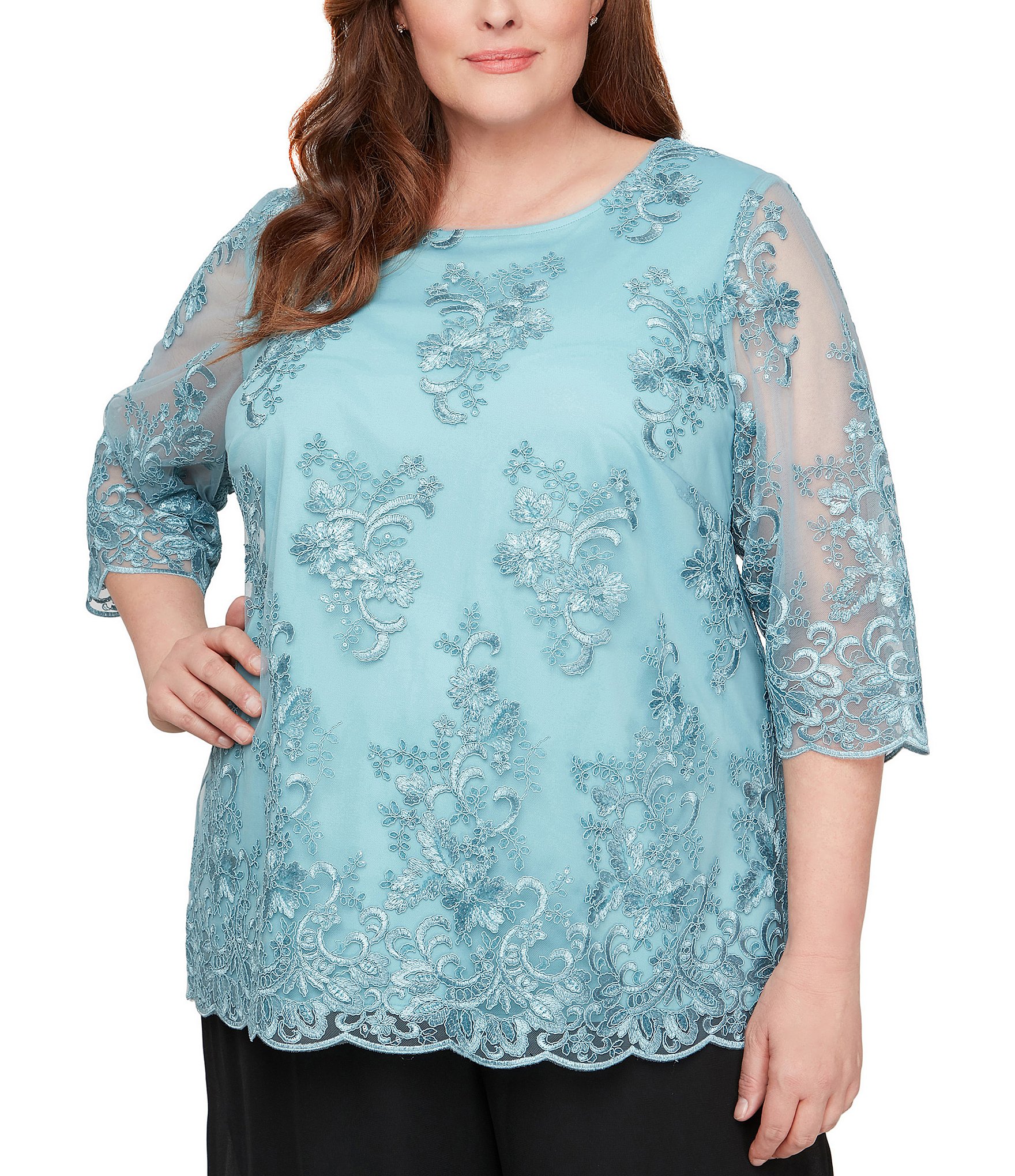 Alex Evenings Plus Size 3 4 Sleeve Crew Neck Embroidered Scallop Hem