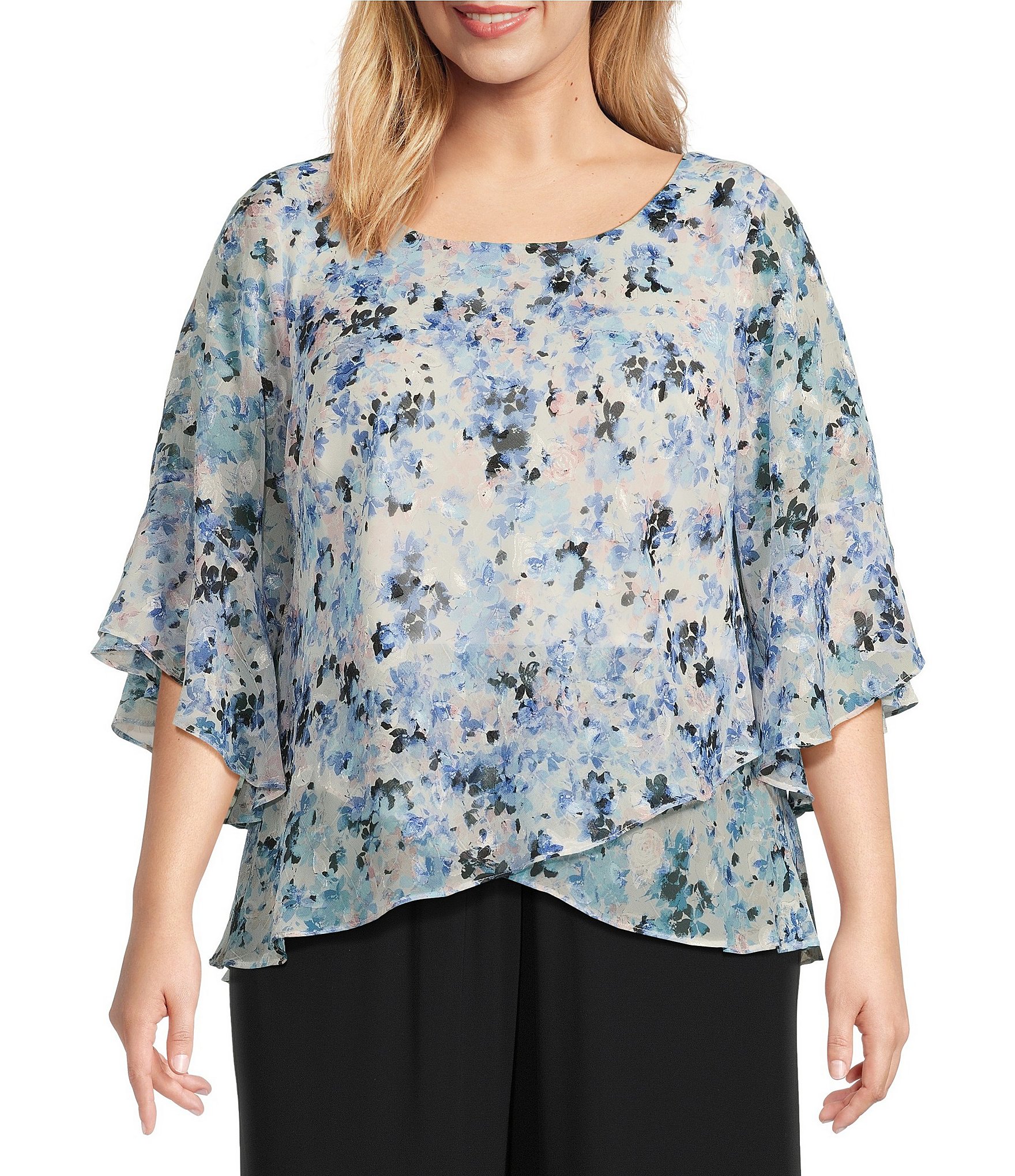 Alex Evenings Plus Size Chiffon Scoop Neck 34 Bell Sleeve Tulip Hem Blouse Dillards