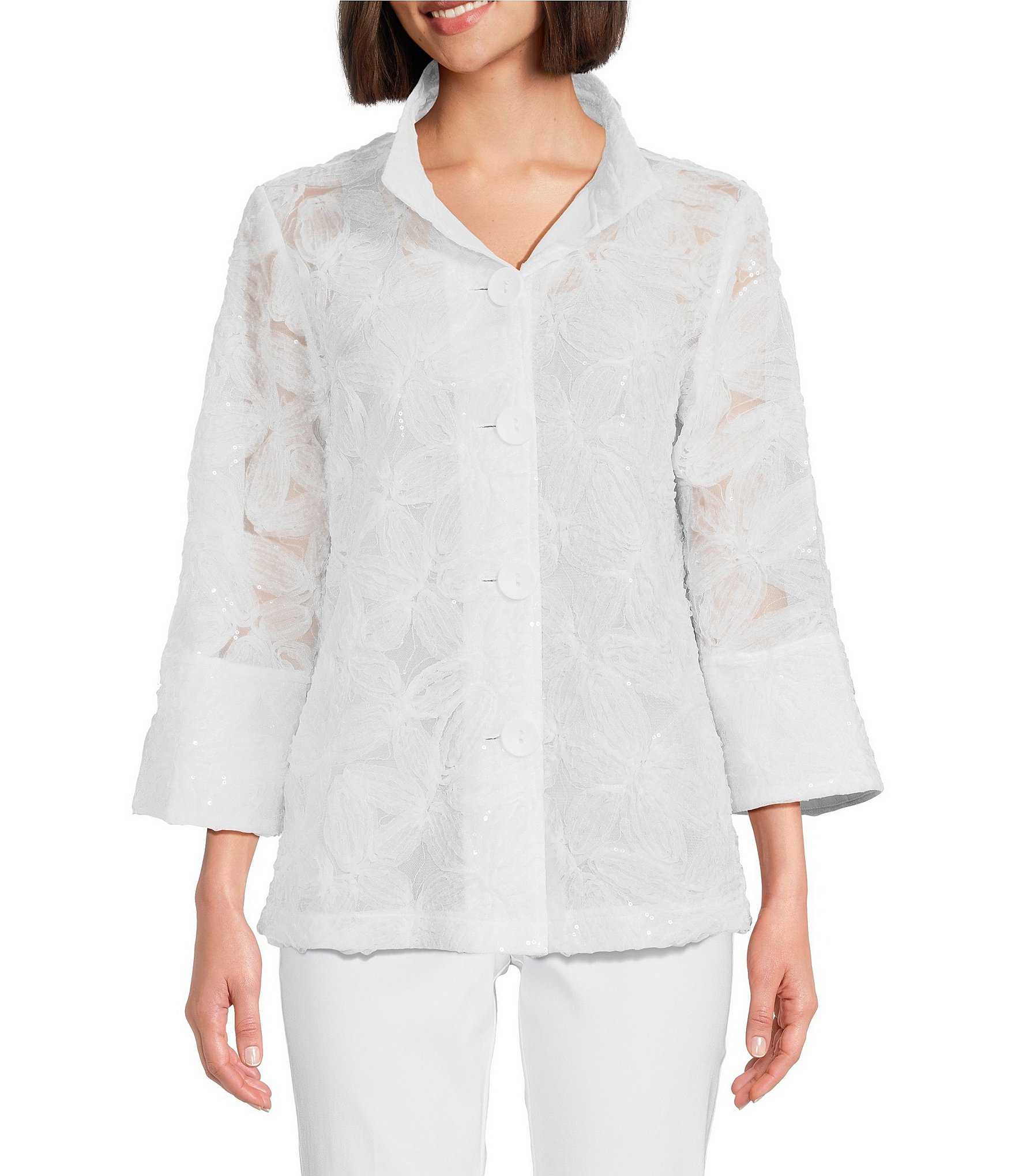 Ali Miles Floral Embroidered Wire Collar 3 4 Bell Sleeve Button Front