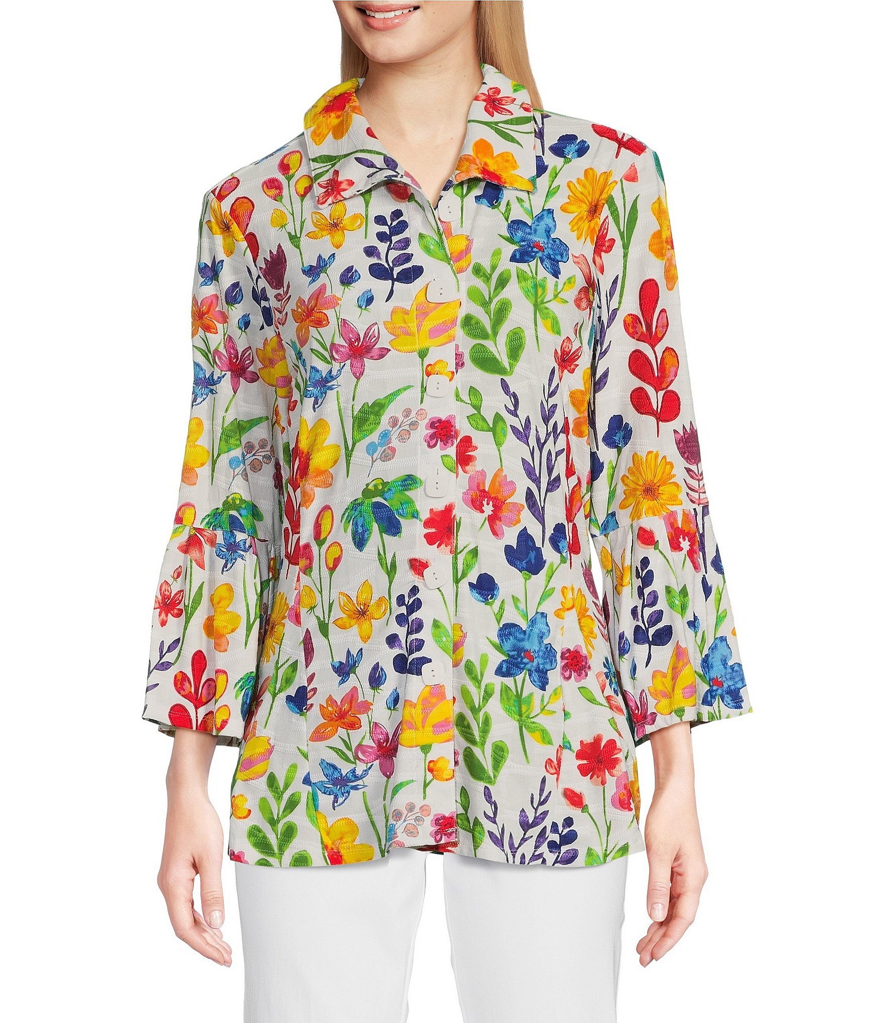 Ali Miles Knit Multi Floral Print Point Collar 3 4 Bell Sleeve Button