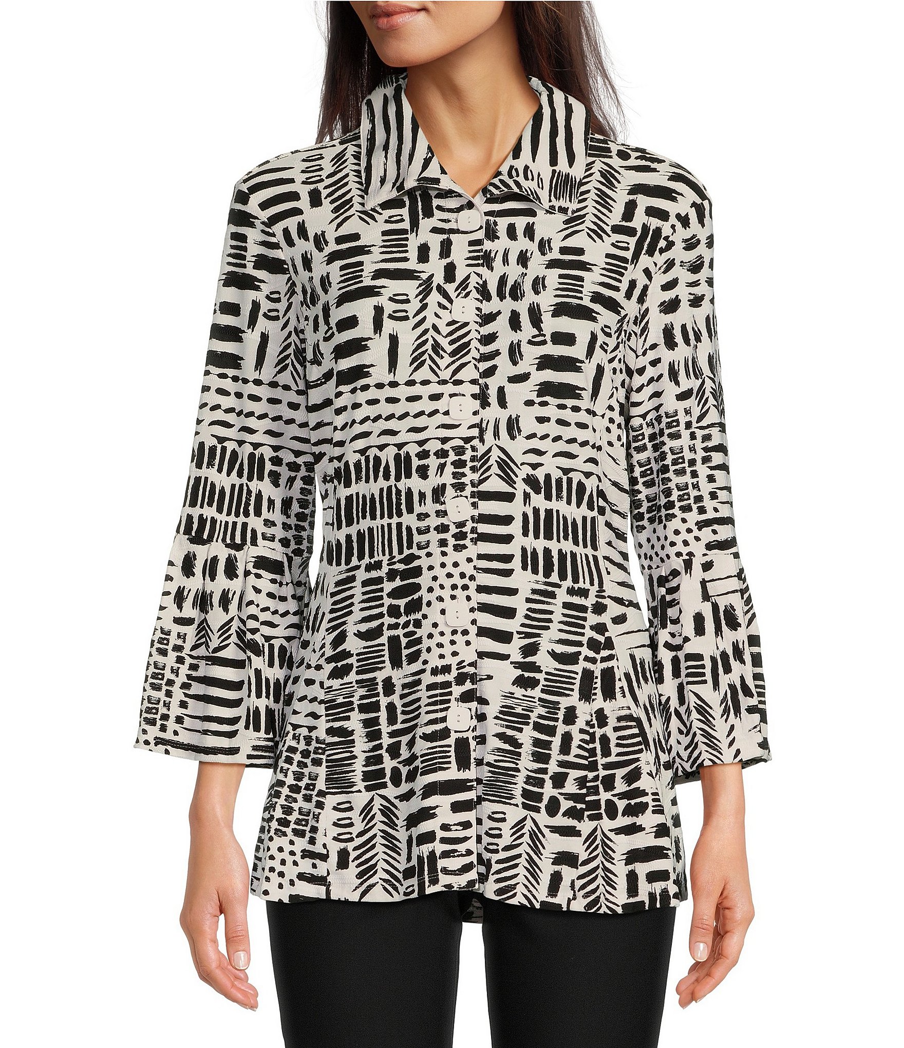 Ali Miles Knit Print Point Collar 3 4 Bell Sleeve Button Front Tunic