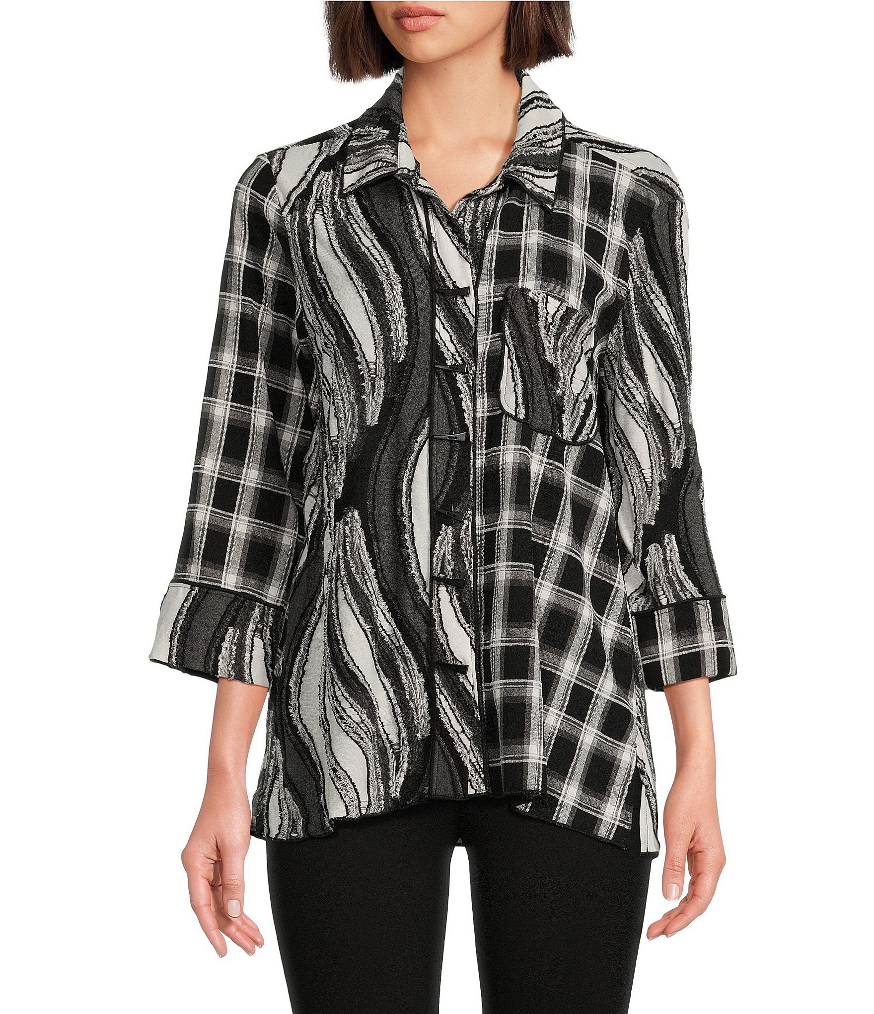 Ali Miles Mixed Knit Woven Abstract Print Point Collar 3 4 Sleeve Hi