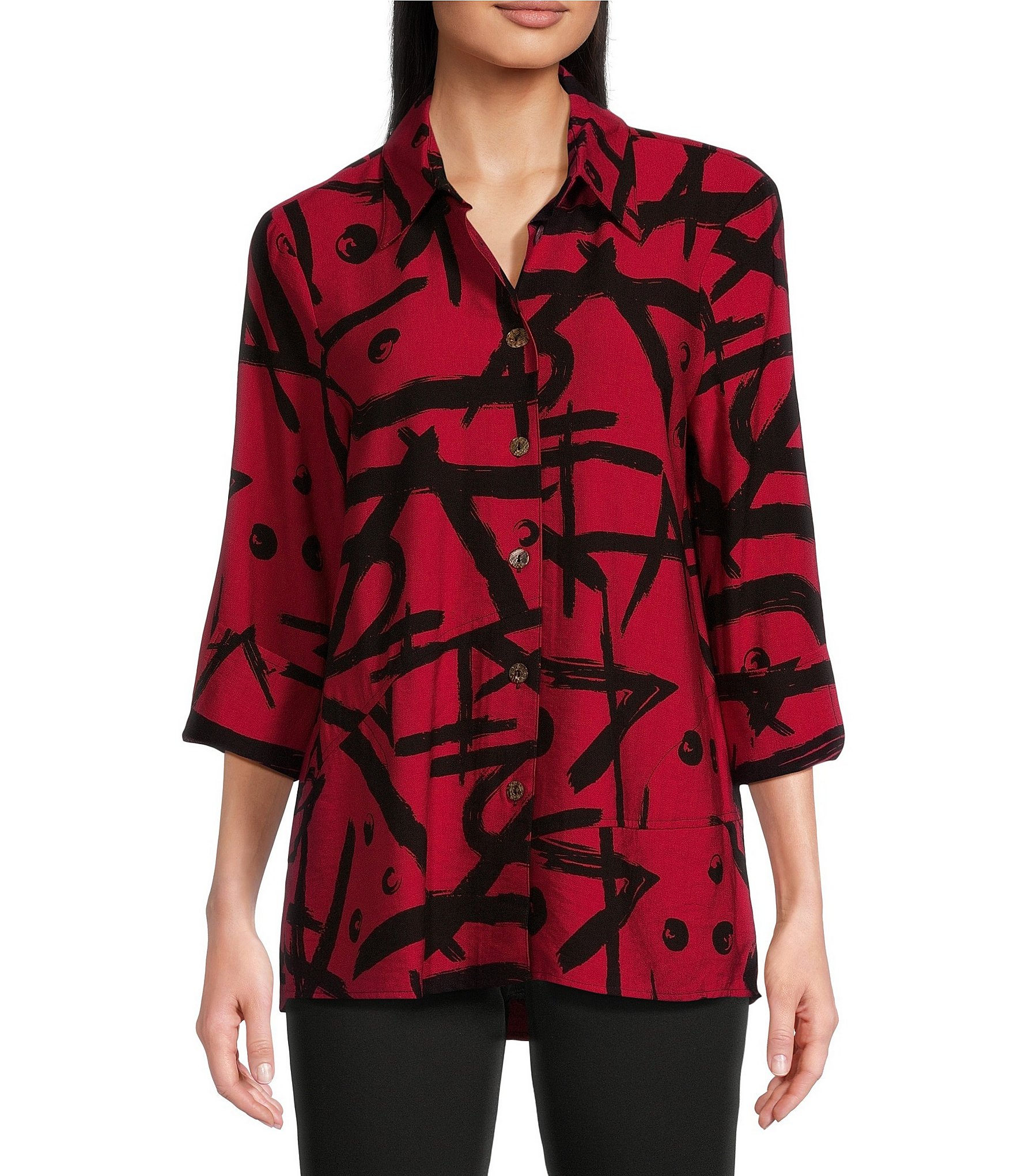 Ali Miles Petite Size Printed Collared 3/4 Cuffed Sleeve Button Down ...