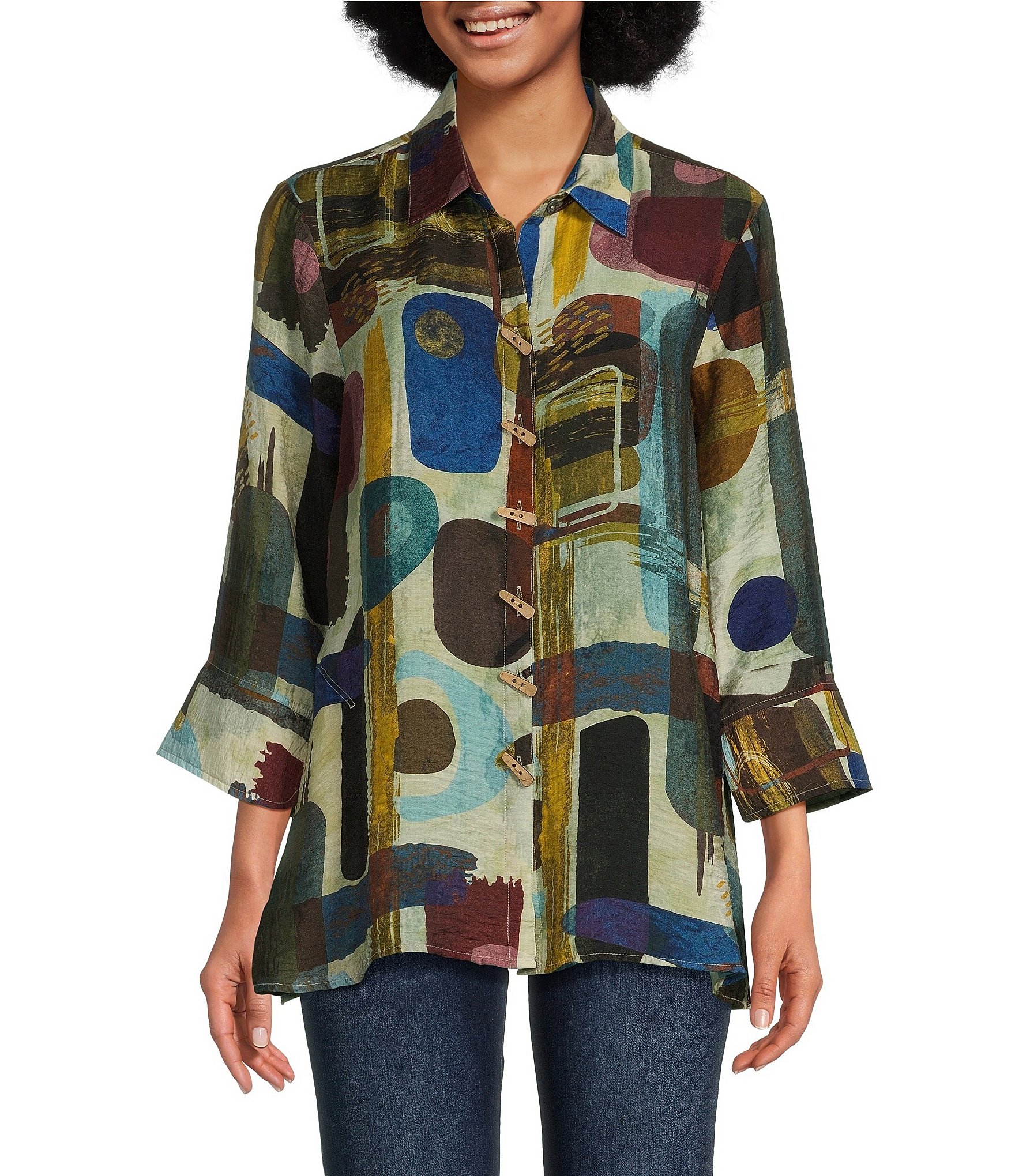 Ali Miles Petite Size Printed Collared 3/4 Sleeve Button Down Top ...