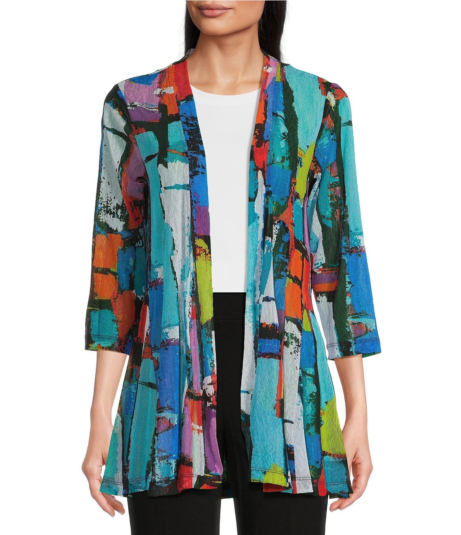 Ali Miles Petite Size Printed Mesh 3/4 Sleeve Open-Front Kimono | Dillard's