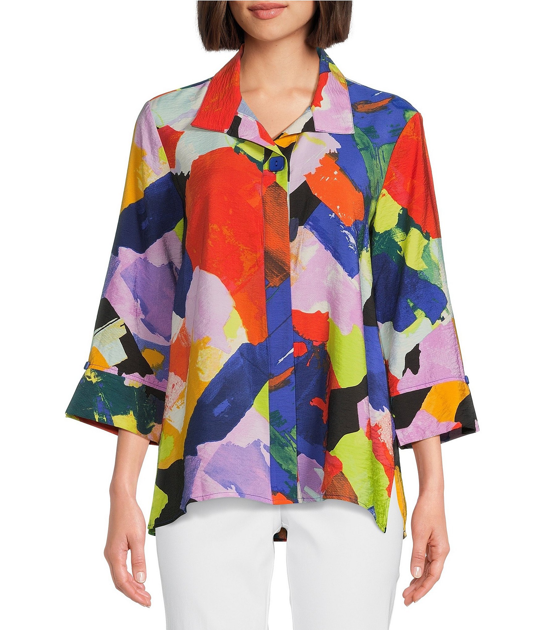 Ali Miles Petite Size Woven Abstract Print Point Collar 3/4 Sleeve Button-Front Tunic | Dillard's