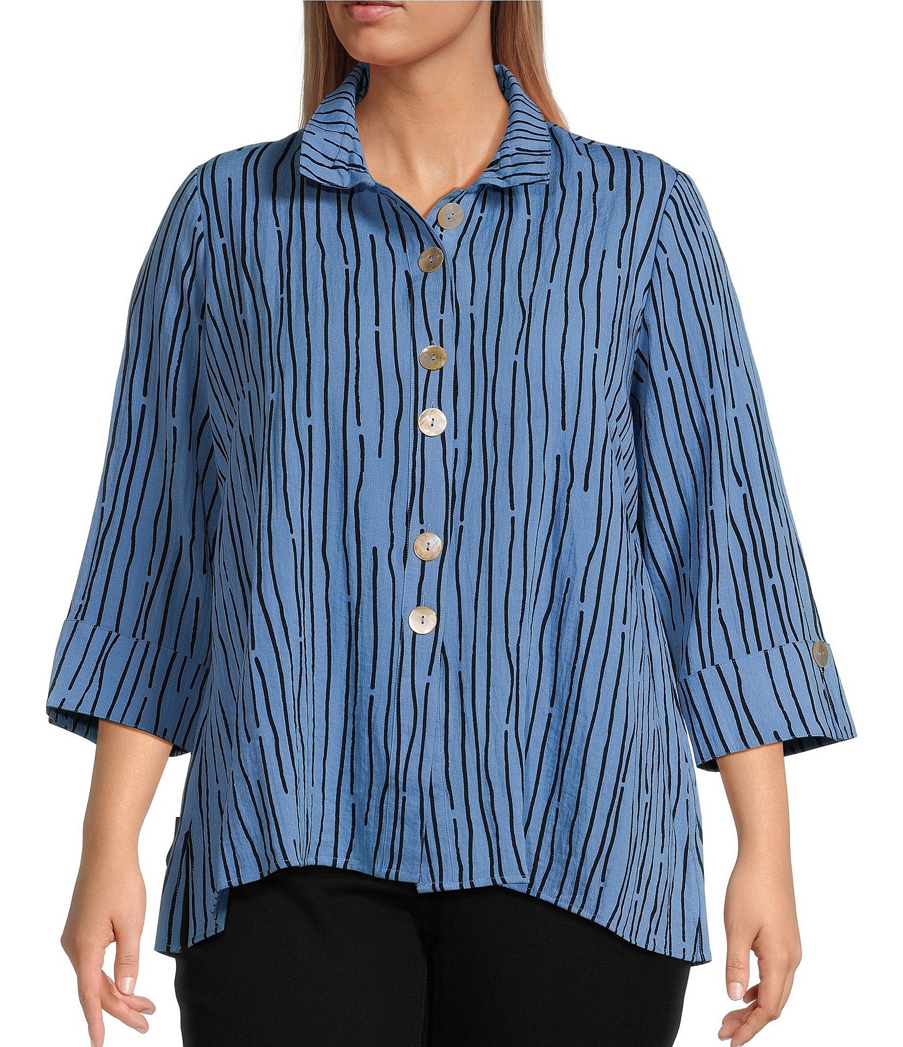 Ali Miles Plus Size Crinkle Woven Abstract Stripe Wire Collar 3/4 Sleeve Button-Front Tunic ...