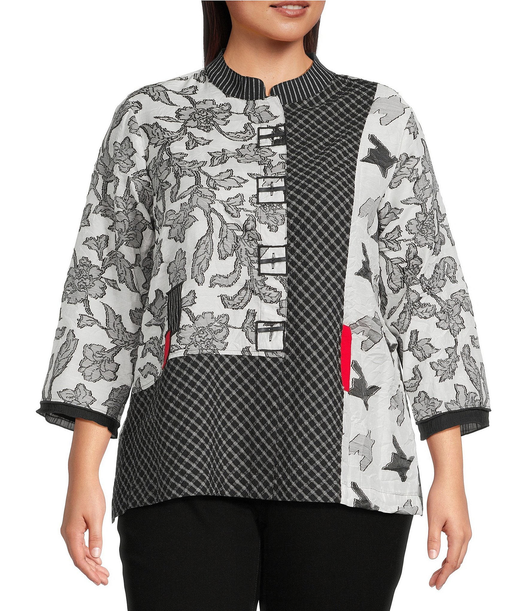 Ali Miles Plus Size Jacquard Multi Patch Print Stand Collar 3/4 Sleeve Button-Front Tunic ...