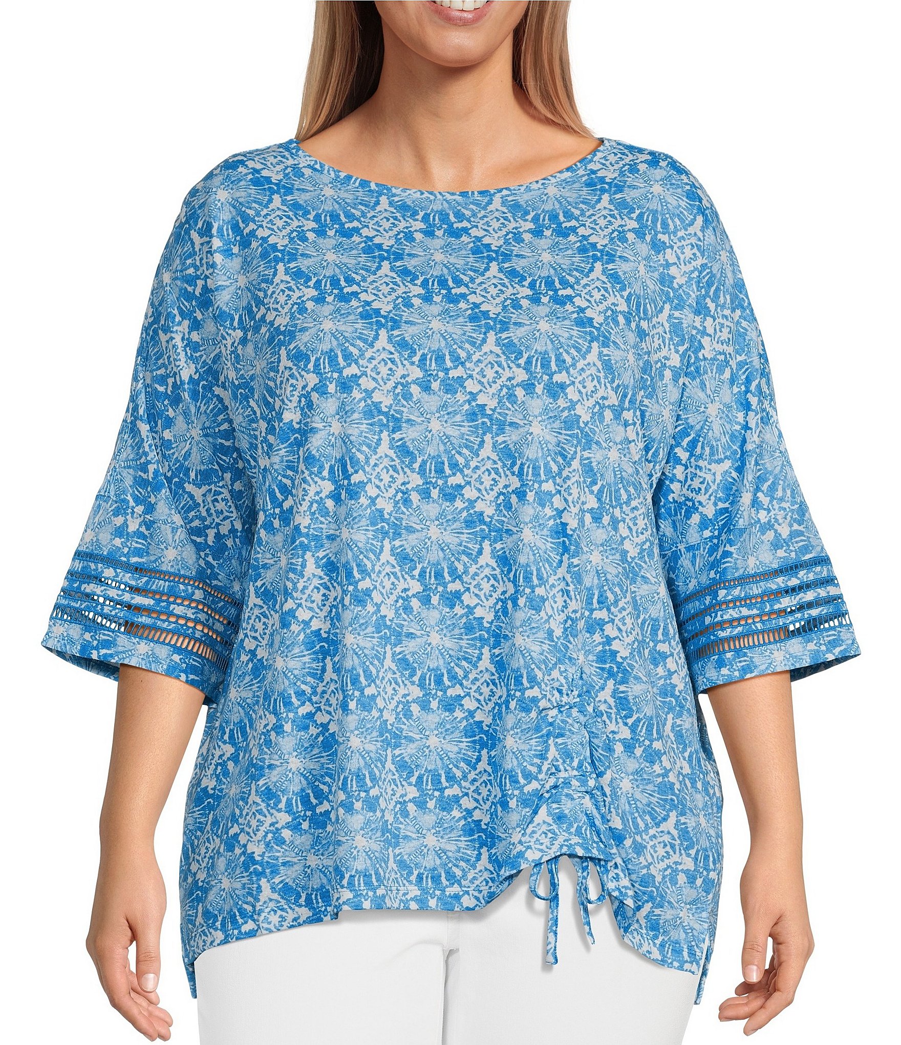 Ali Miles Plus Size Printed Knit Linen Blend Crew Neck 3 4 Sleeve Hi