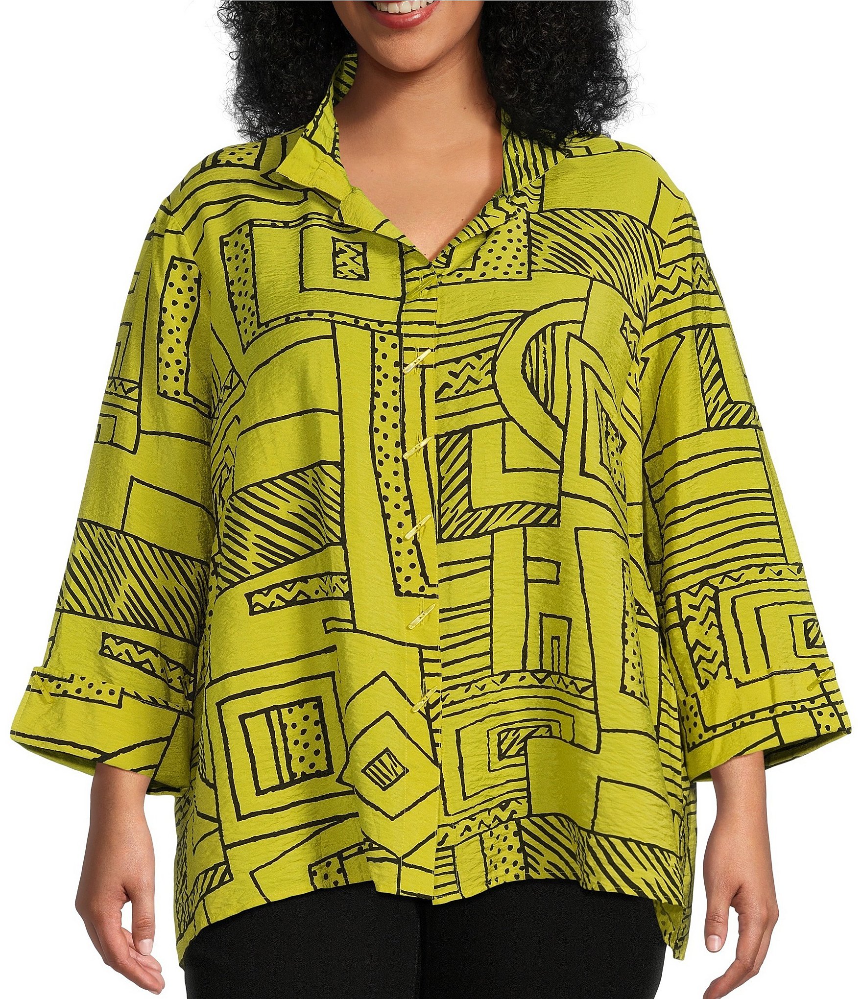 Ali Miles Plus Size Printed Woven Wire Collar 3/4 Sleeve Button-Front ...