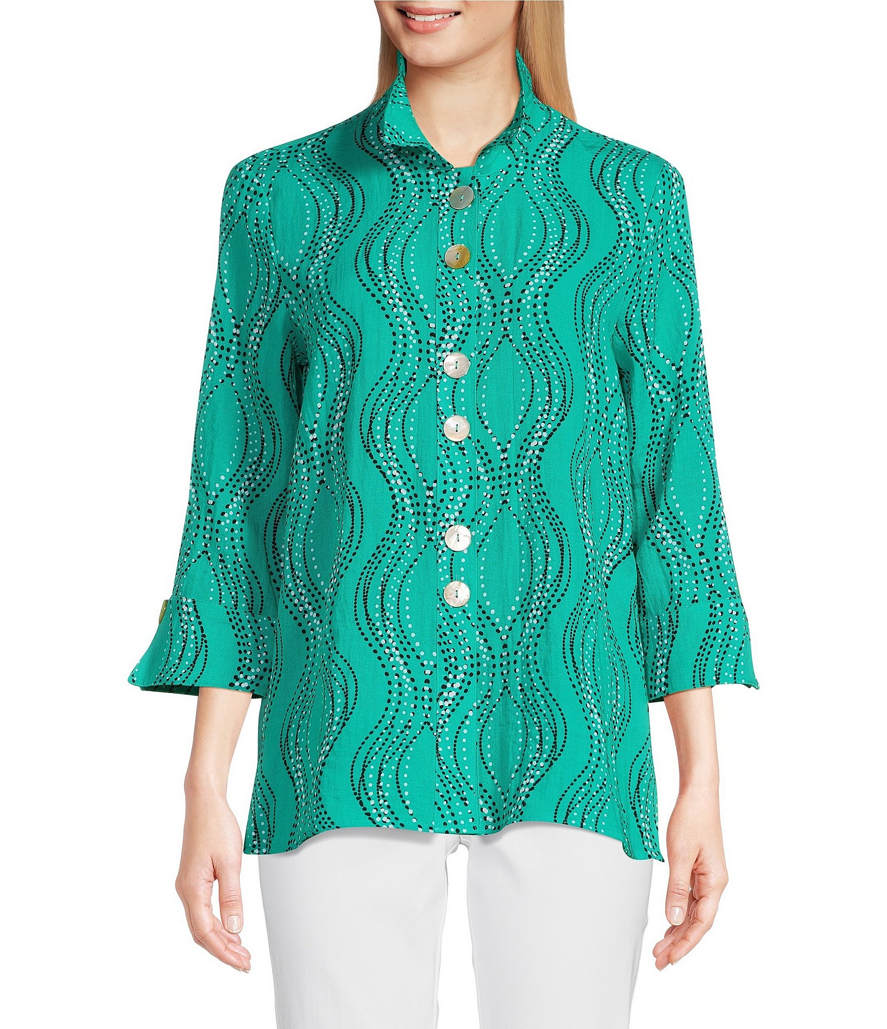 Ali Miles Wavy Dotted Wavy Lines Print Wire Collar 3 4 Cuffed Sleeve