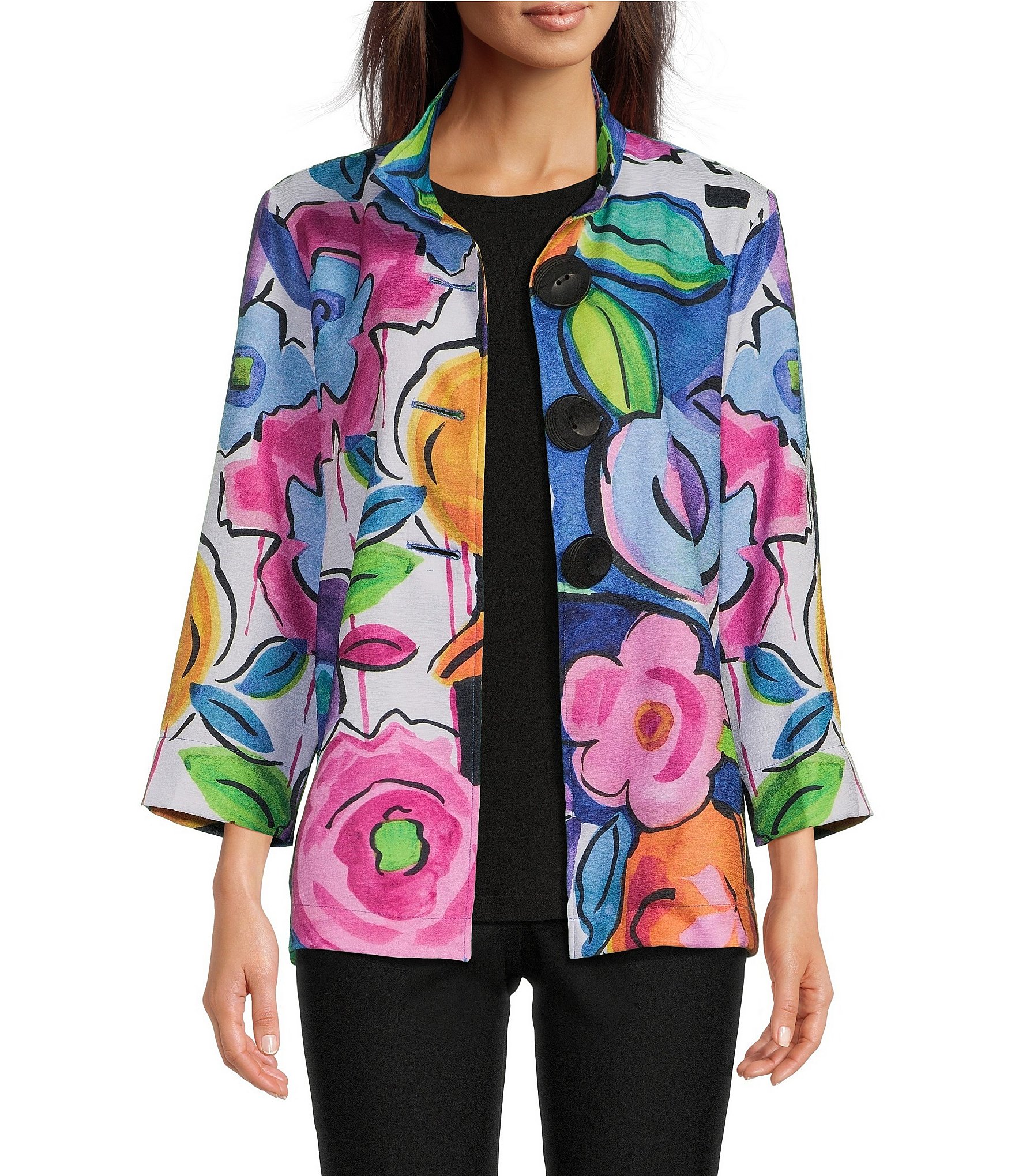 Ali Miles Woven Floral Wire Collar 3/4 Sleeve Button Front Jacket ...