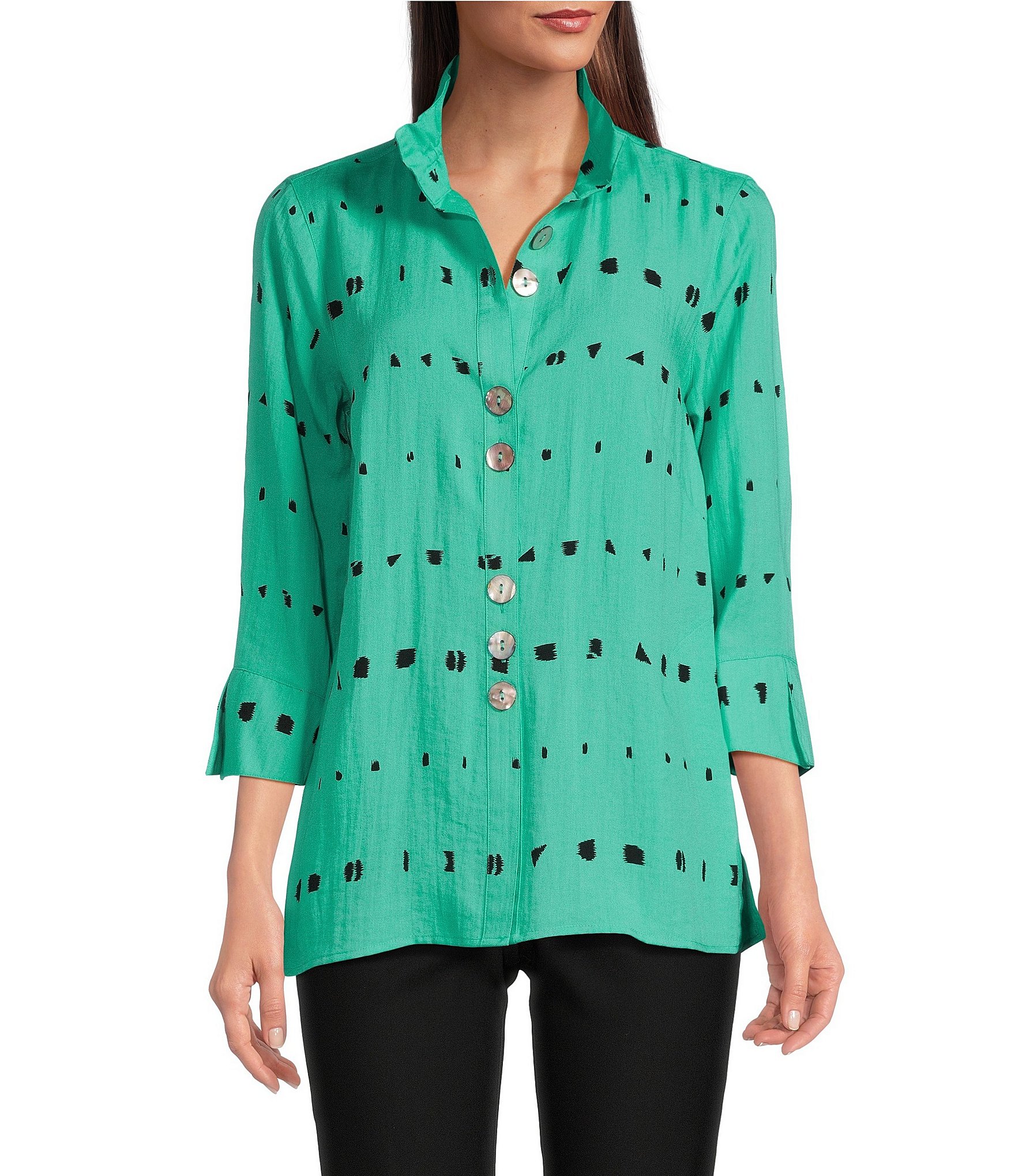 Ali Miles Woven Ikat Stripe Dot Print Banded Wire Collar 3 4 Sleeve