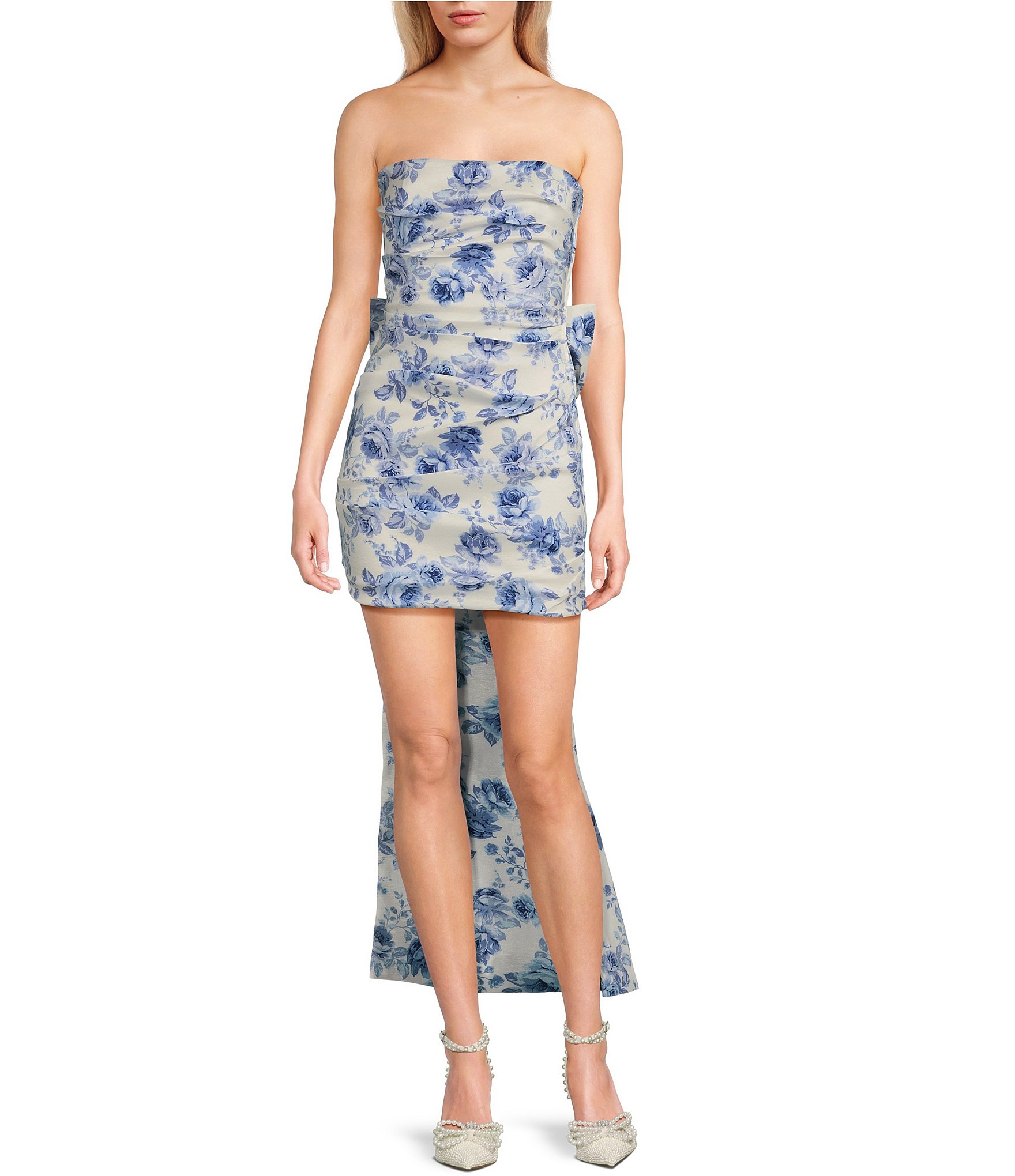 Allison & Kelly Strapless Taffeta Floral Print Bow Back Mini Dress ...